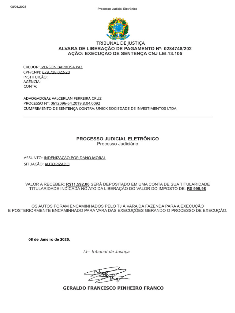 Alvará de Liberação de Pagamento nº 0284748/202 | PDF