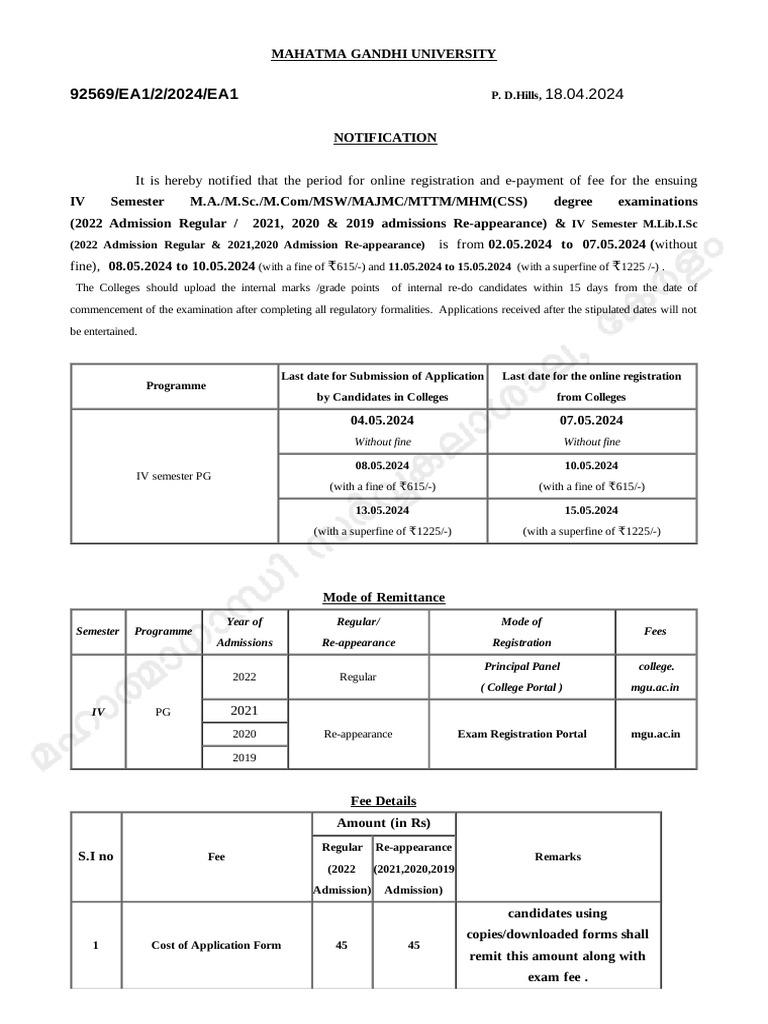 IV Semester PG CSS Fee Notification | PDF | Thesis