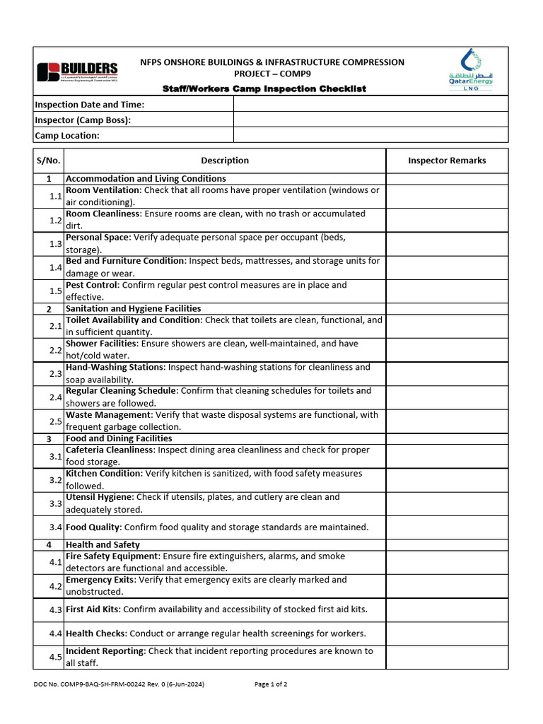 COMP9-BAQ-SH-FRM-00242 Rev. 0 - Staff-Workers Camp Inspection Checklist ...