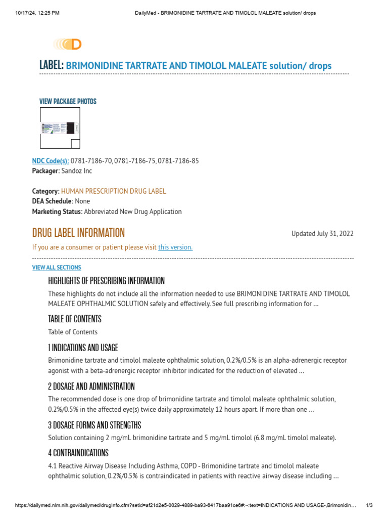 BRIMONIDINE TARTRATE AND TIMOLOL MALEATE Solution - Drops SANDOZ | PDF ...
