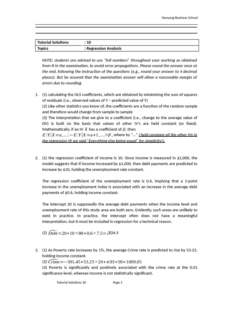 Solutions Week 10 | PDF | Errors And Residuals | Linear Regression