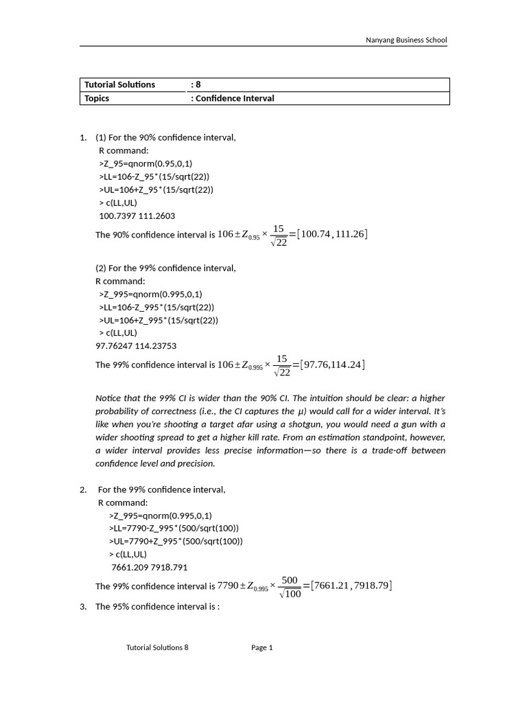 Solutions_week 8 | PDF | Confidence Interval | Sample Size Determination