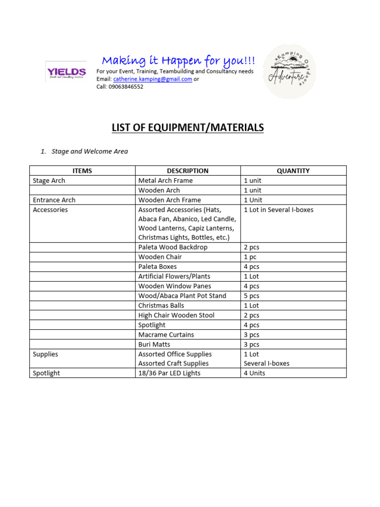 Event Equipment & Materials List | PDF