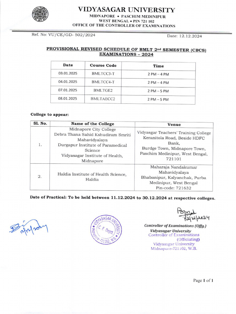 Revised Schedule BMLT 2ND CBCS Exam 2024 | PDF