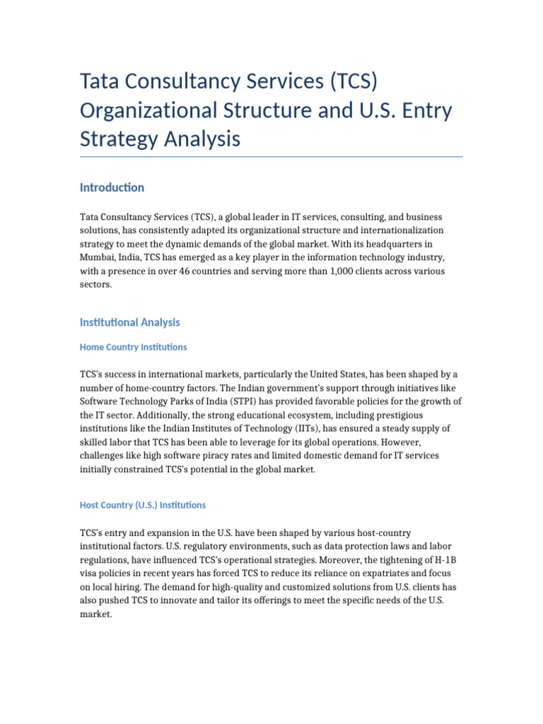 TCS Organizational Structure and U.S Entry Strategy Final | PDF ...