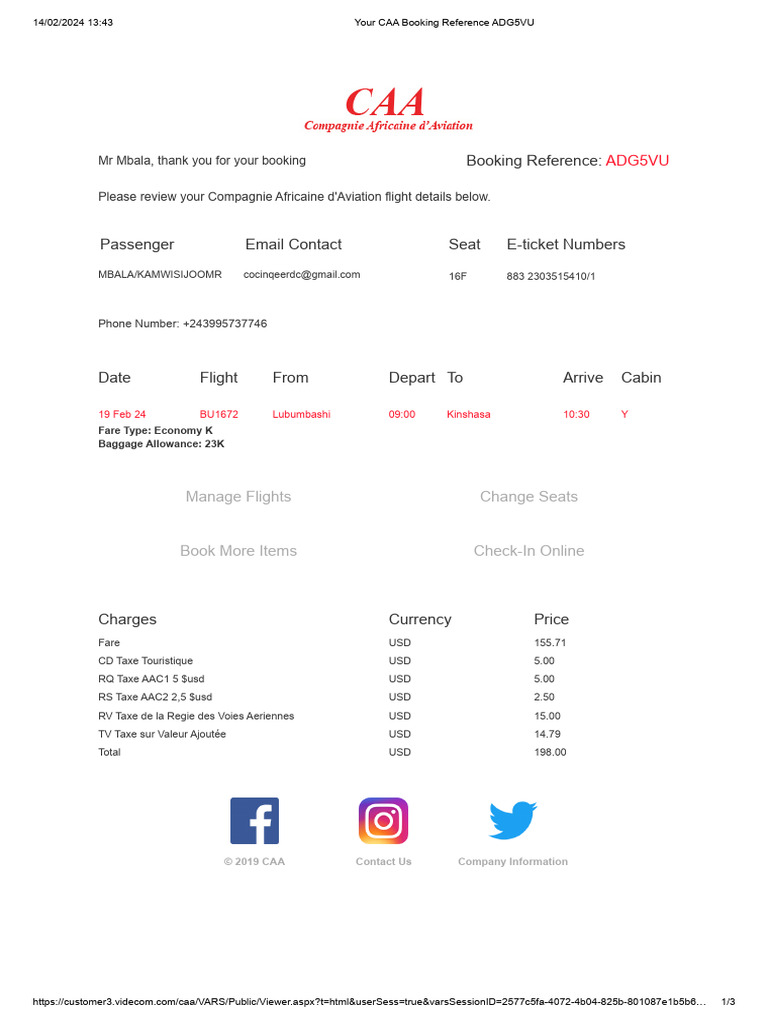 CAA Flight Booking Confirmation ADG5VU | PDF | Aviation | Civil Aviation