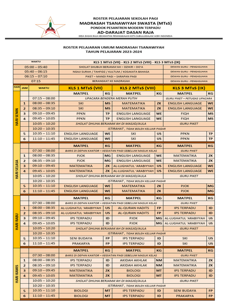 Roster Pelajaran MTsS Ad-Darajat 2023 | PDF