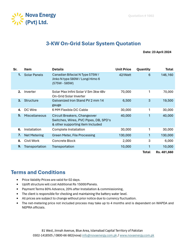 3-KW On-Grid Quotation Nova Energy | PDF | Power Inverter | Electric Power