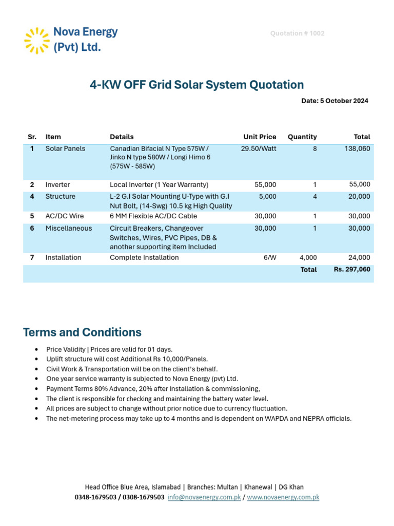 4-KW OFF Grid Quotation Nova Energy | PDF