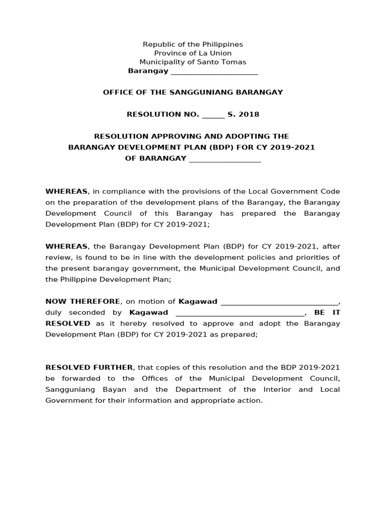 Resolution of the Sangguniang Barangay Approving the BDP 2019-2021 | PDF