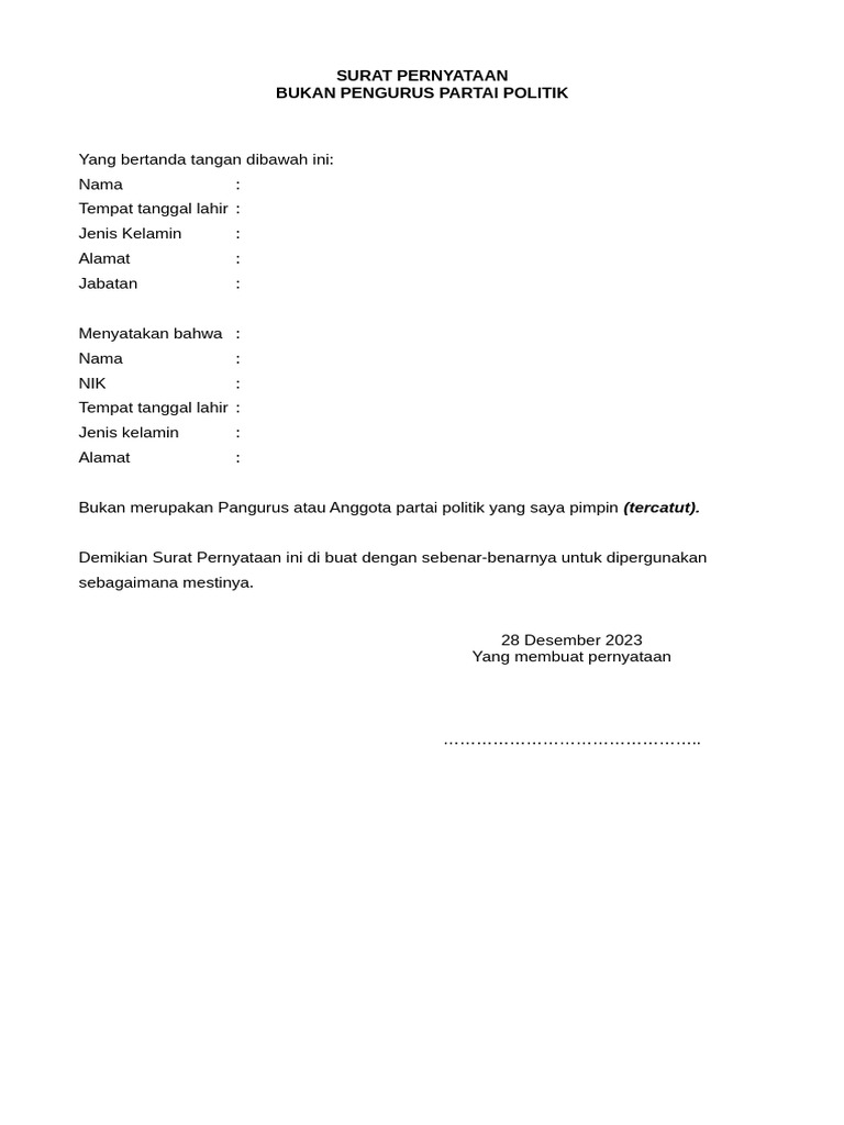 Format Surat Pernyataan Bukan Pengurus Partai Politik | PDF