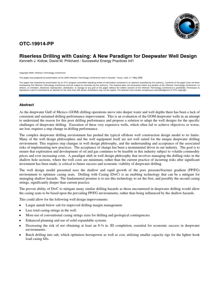 2009 OTC Paper 19914 SPE Riserless DwC Manuscript | Casing (Borehole ...