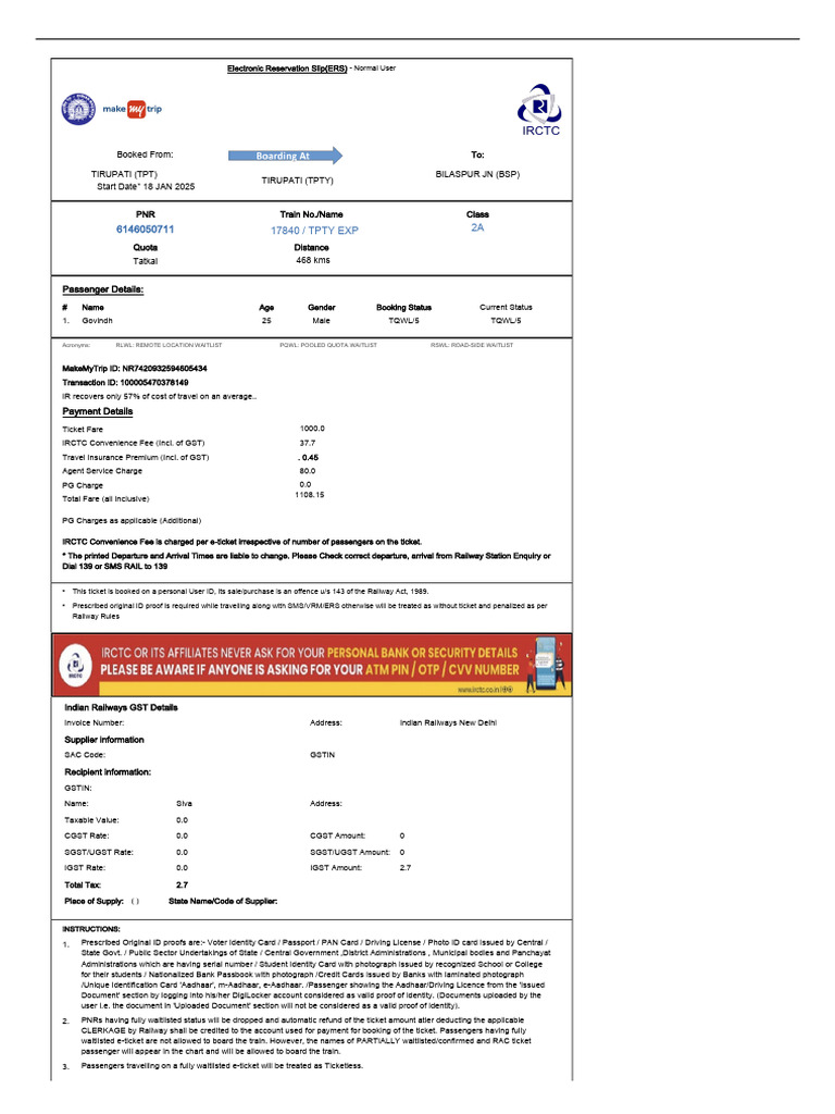 Electronic Reservation Slip for Train Booking | PDF | Identity Document