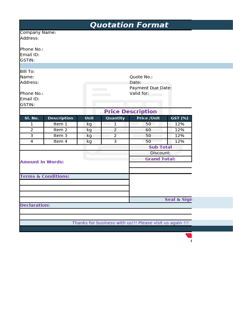 Excel Quotation Format Template | PDF