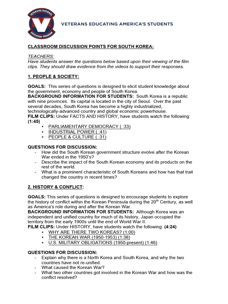 South Korea: Classroom Discussion Points | PDF | South Korea | World ...