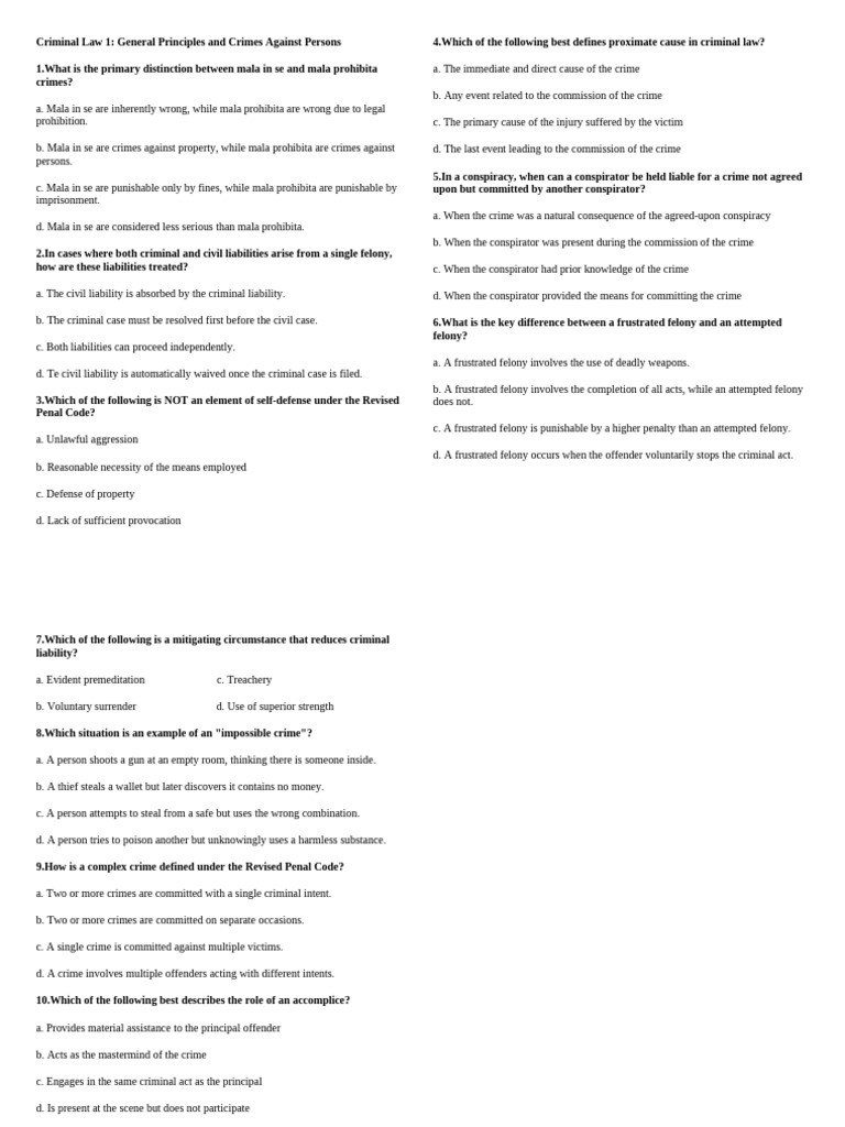 Criminal Law 1 and 2 Practic Test | PDF | Criminal Law | Crimes