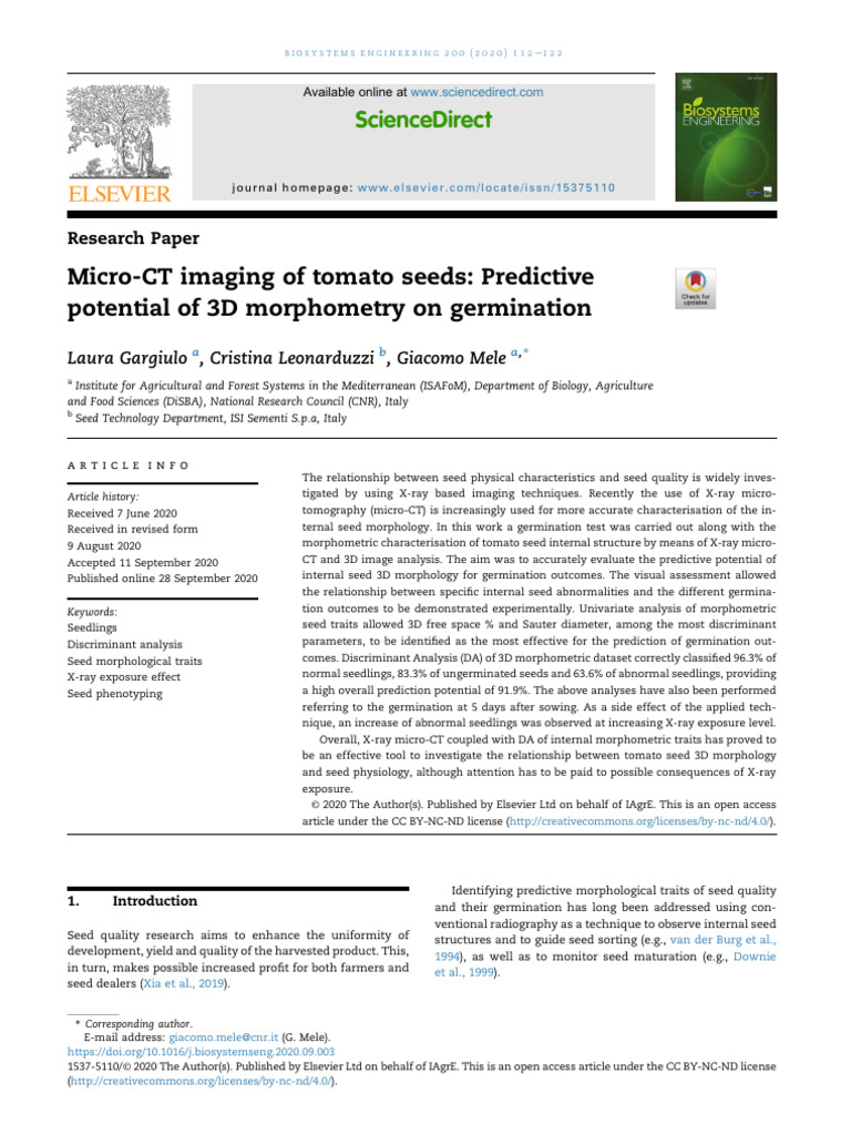 Micro-CT 3D Morphometry Predicts Tomato Seed Germination | PDF | Seed ...