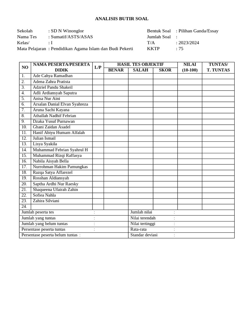 Form Analisis Nilai | PDF