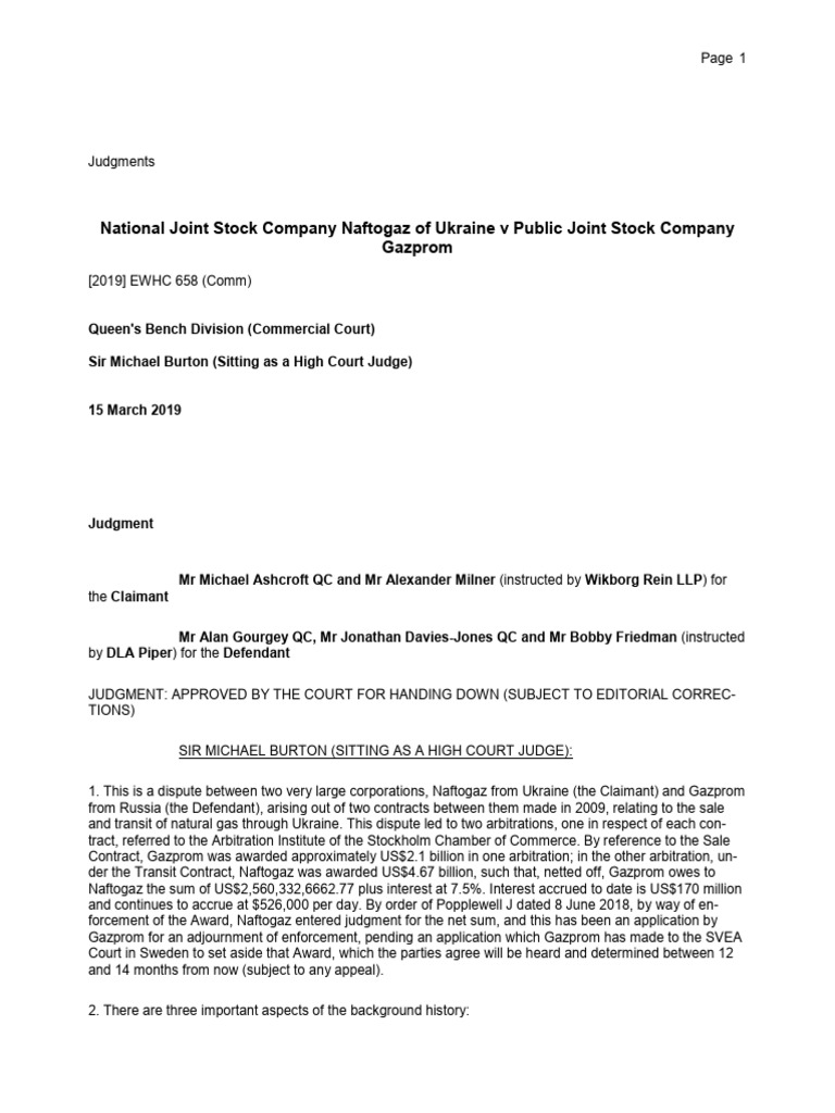 Naftogaz v. Gazprom (I) 2019 EWHC 658 | PDF | Judgment (Law) | Arbitration