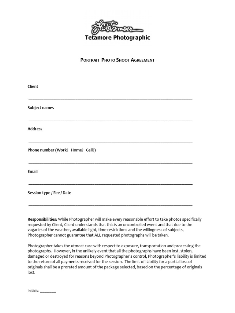 Photo Shoot Agreement Portrait | PDF | Photographer | Copyright