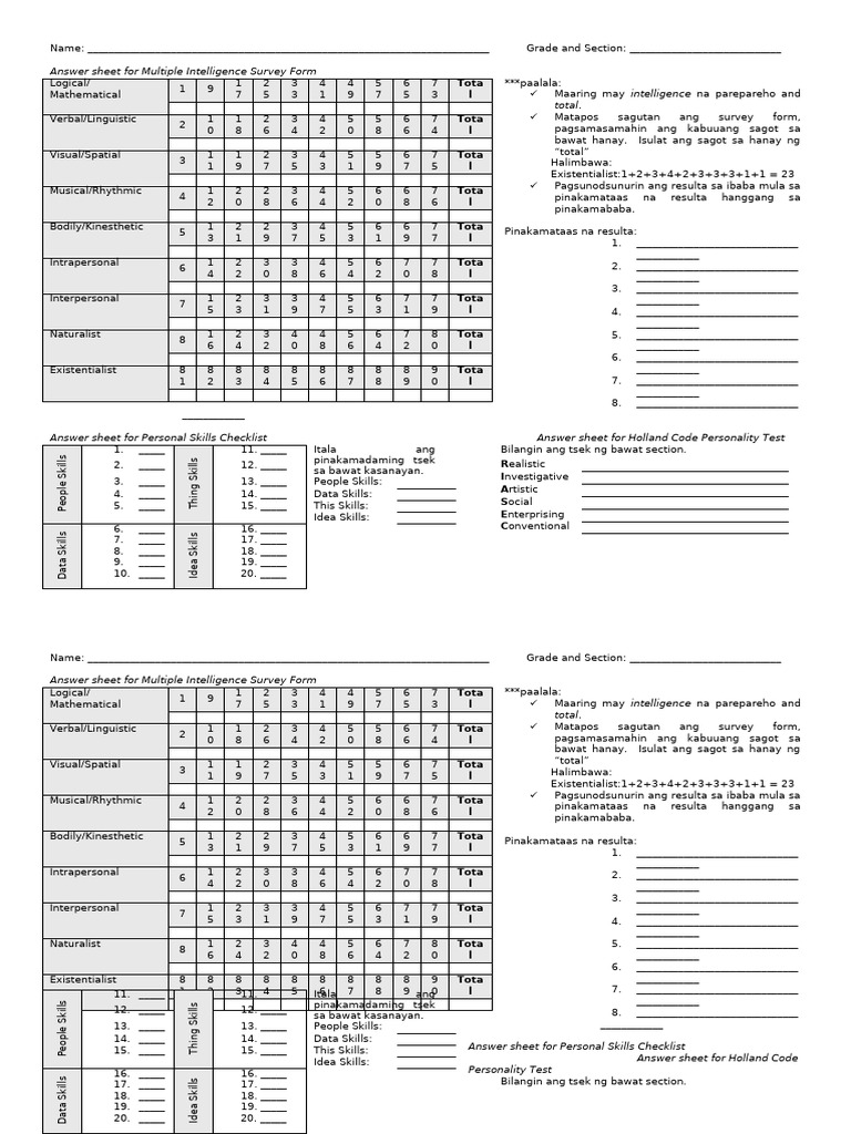 Answer Sheet Holland Code, MI and PSC | PDF | Psychology | Learning