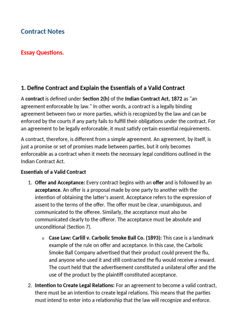 Contract Sem1 Notes | PDF | Offer And Acceptance | Consideration