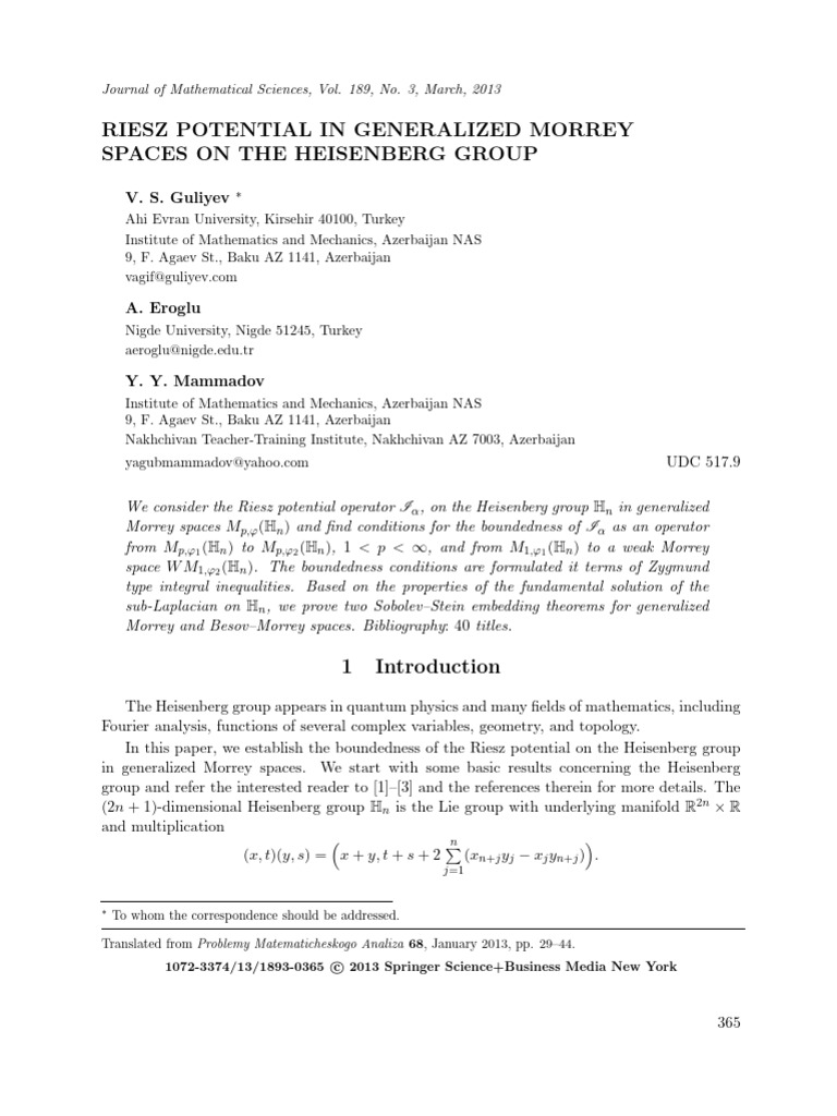 Riesz Potential in Generalized Morrey Spaces On The Heisenberg Group | PDF | Function ...
