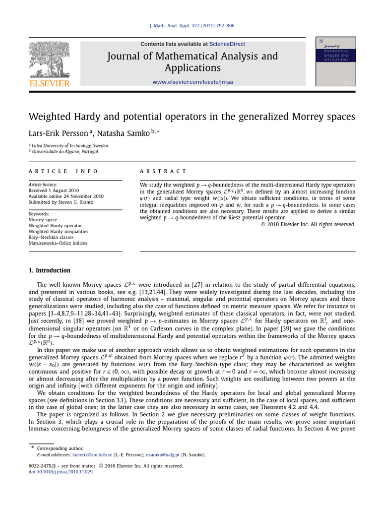 Weighted Hardy And Potential Operators In The Generalized Morrey Spaces Pdf Mathematical