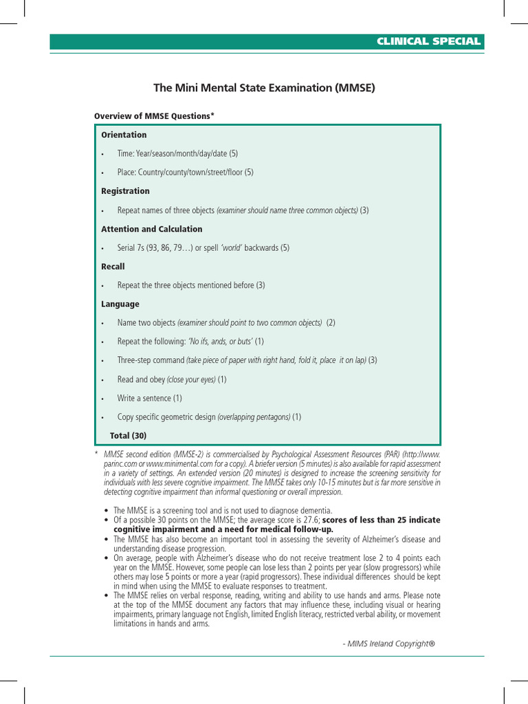 Mini Mental State Examination | PDF | Cognition | Psychology