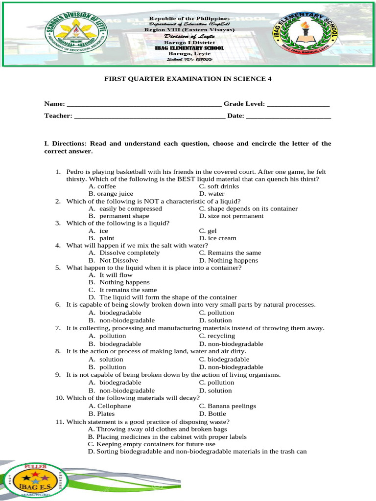 FIRST EXAMINATION IN SCIENCE 4 | PDF | Waste | Water
