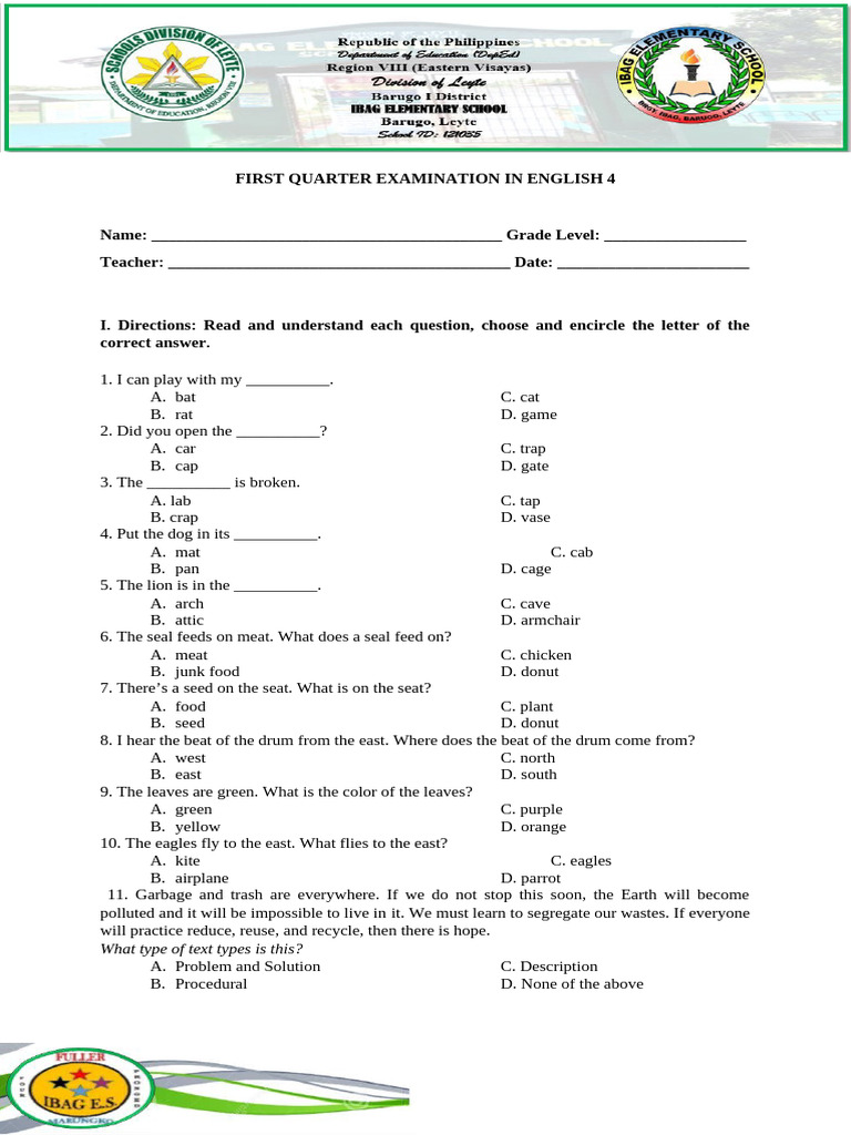 English 4 First Quarter Exam Guide | PDF | Word | Adjective