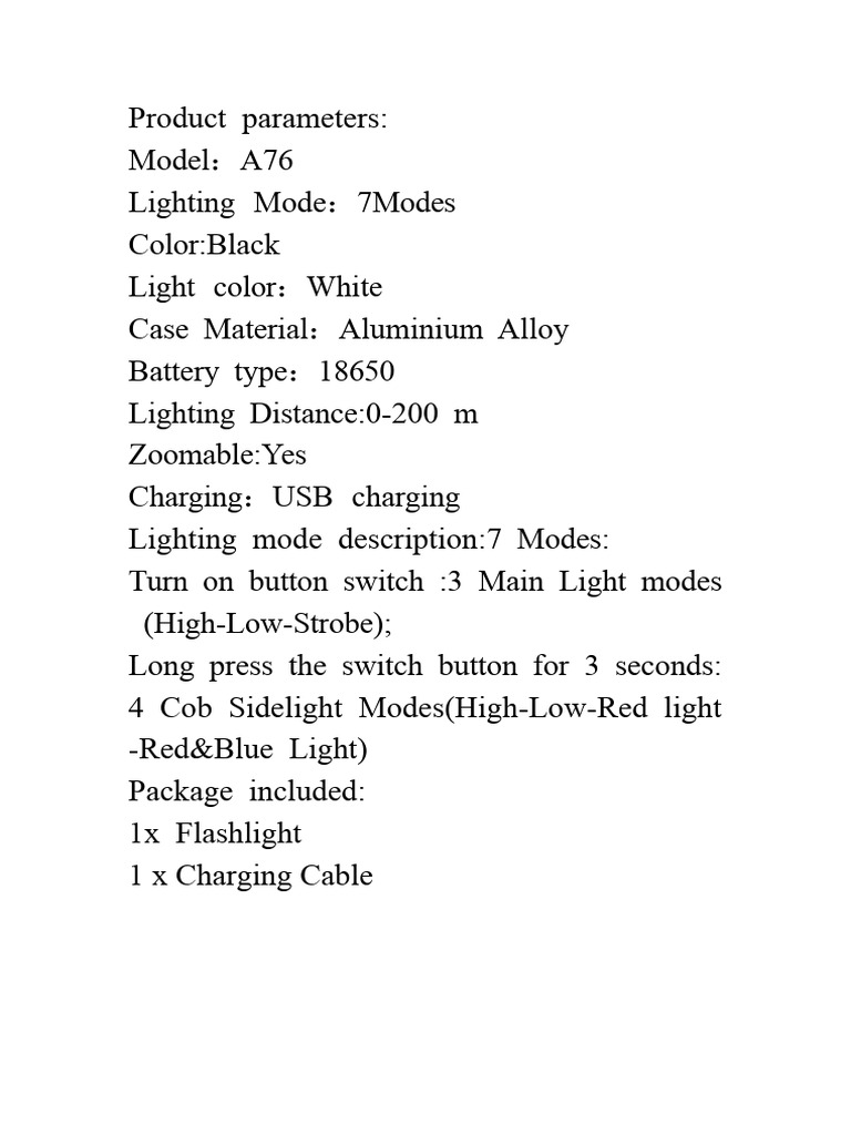 Linterna A76: 7 Modos y USB Carga | PDF | Cable | Ingenieria Eléctrica