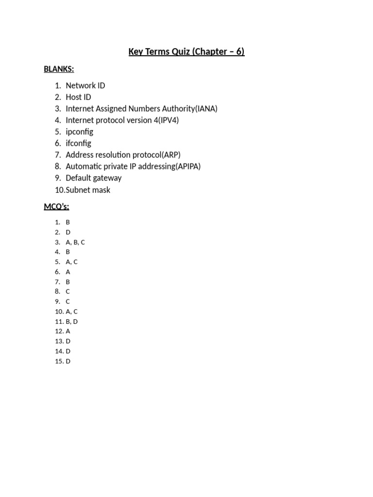 Key Terms Quiz for Networking Concepts | PDF
