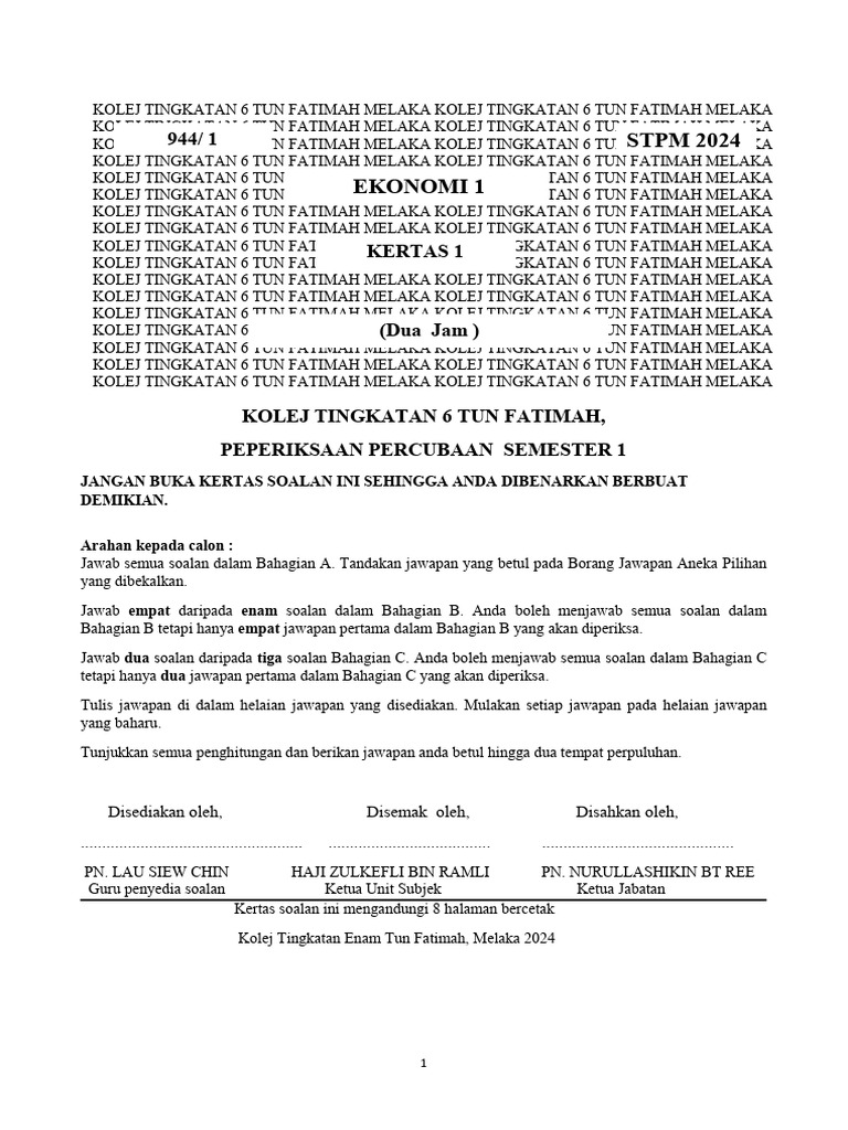 Trial Semester 1 2024 KTE Tun Fatimah, Melaka | PDF