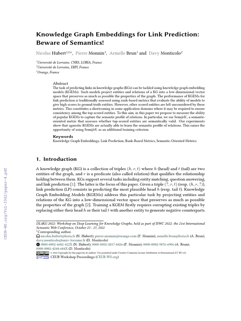 Knowledge Graph Embeddings for Link Prediction(Beware of Semantics!) | PDF