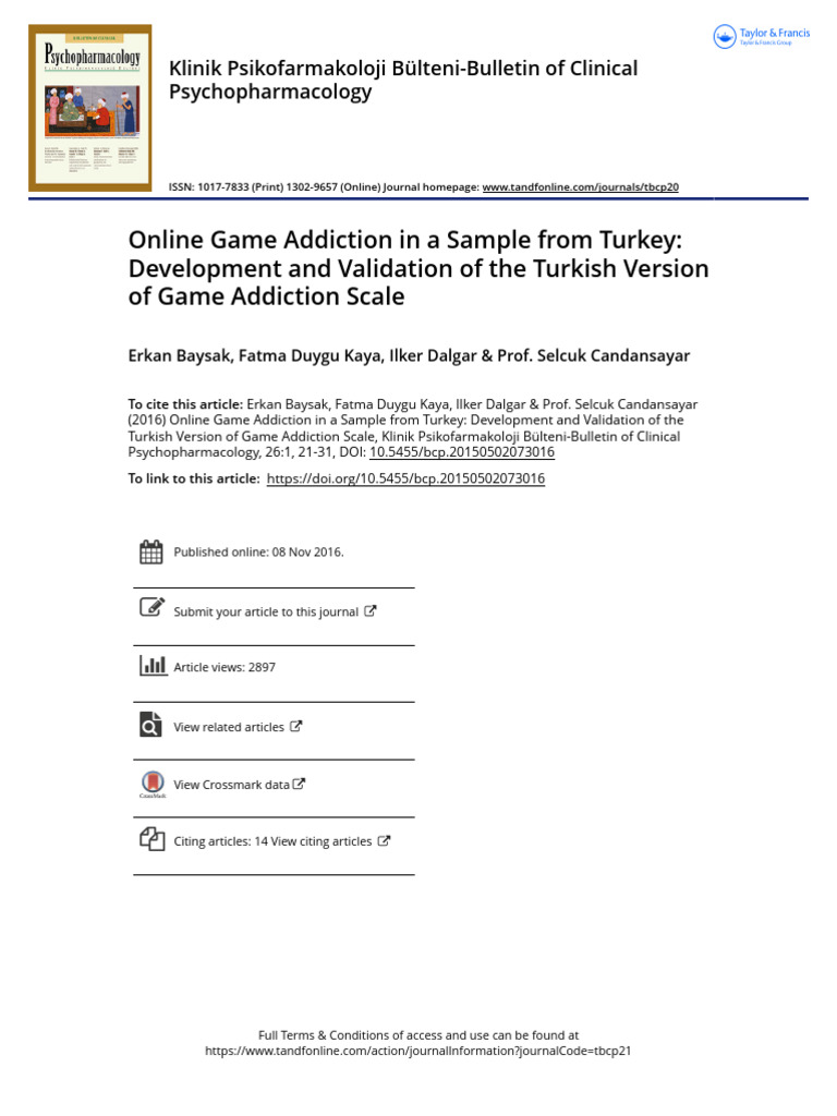 Online Game Addiction in A Sample From Turkey Development and ...