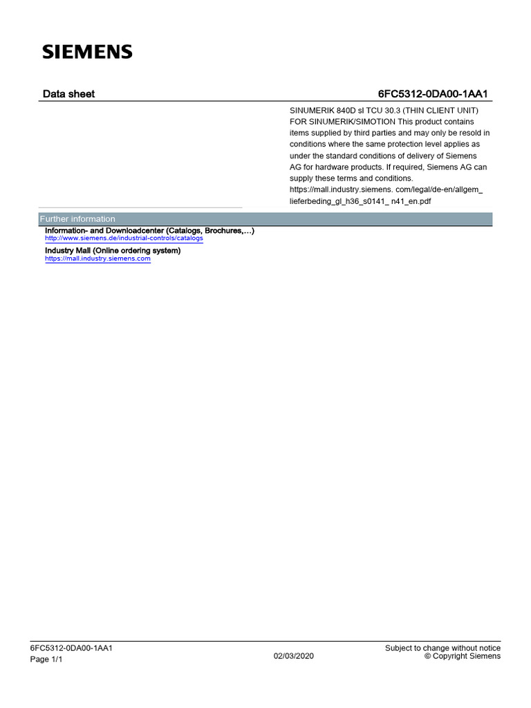 Siemens 6fc53120da001aa1 Specification Sheet | PDF