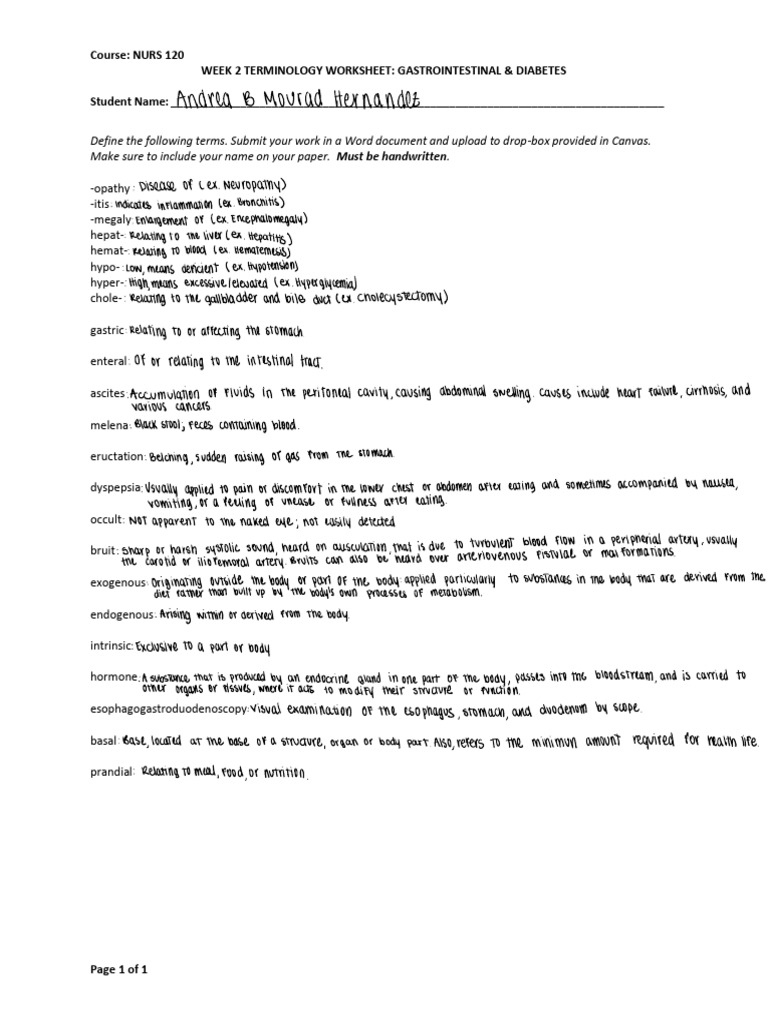 NURS 120 - Terminology Worksheet Week 2 FINAL | PDF | Stomach | Liver