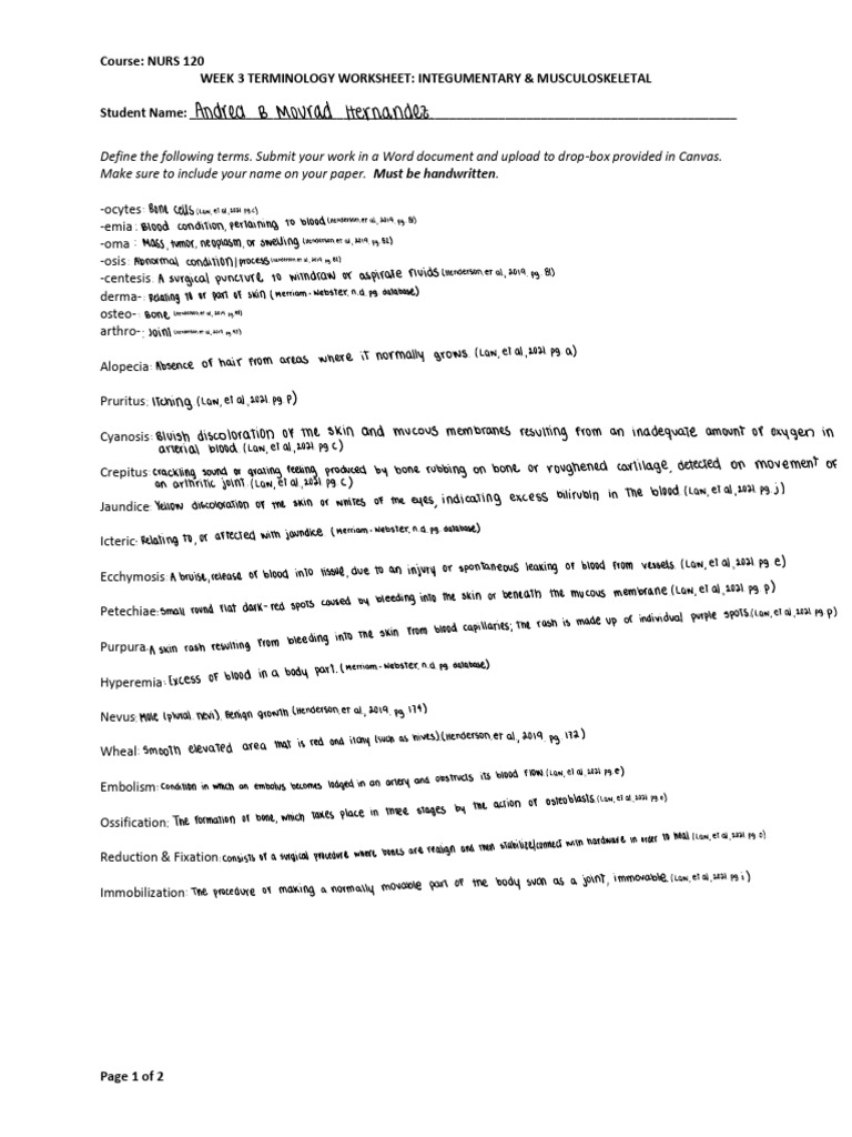NURS 120 - Terminology Worksheet Week 3 Final | PDF | Medical ...