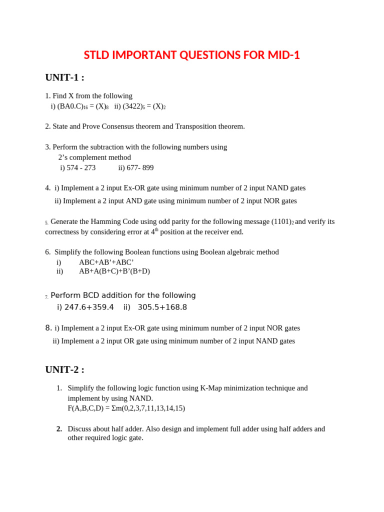 STLD Important Questions For Mid-1 | PDF
