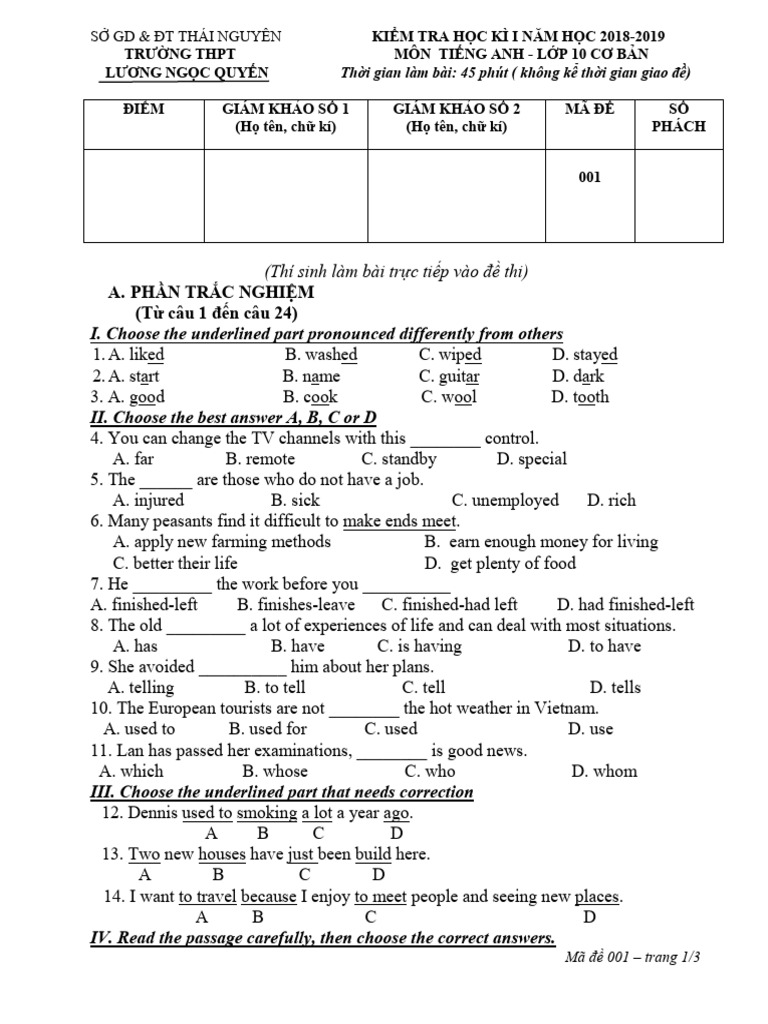 De Thi hk1 Tieng Anh 10 Nam 2018 2019 Truong Luong Ngoc Quyen Thai Nguyen | PDF | Isaac Newton