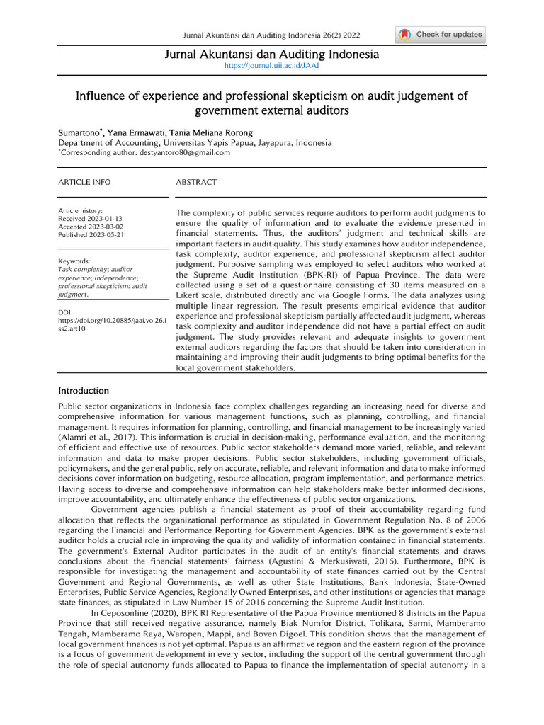 Influence of Experience and Professional Skepticism On Audit Judgement ...