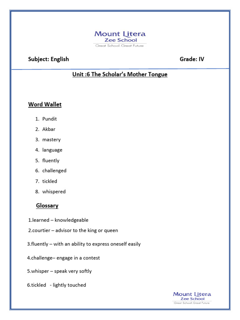Grade 4 - English - Unit 7 The Scholar's Mother Tongue and Notice ...