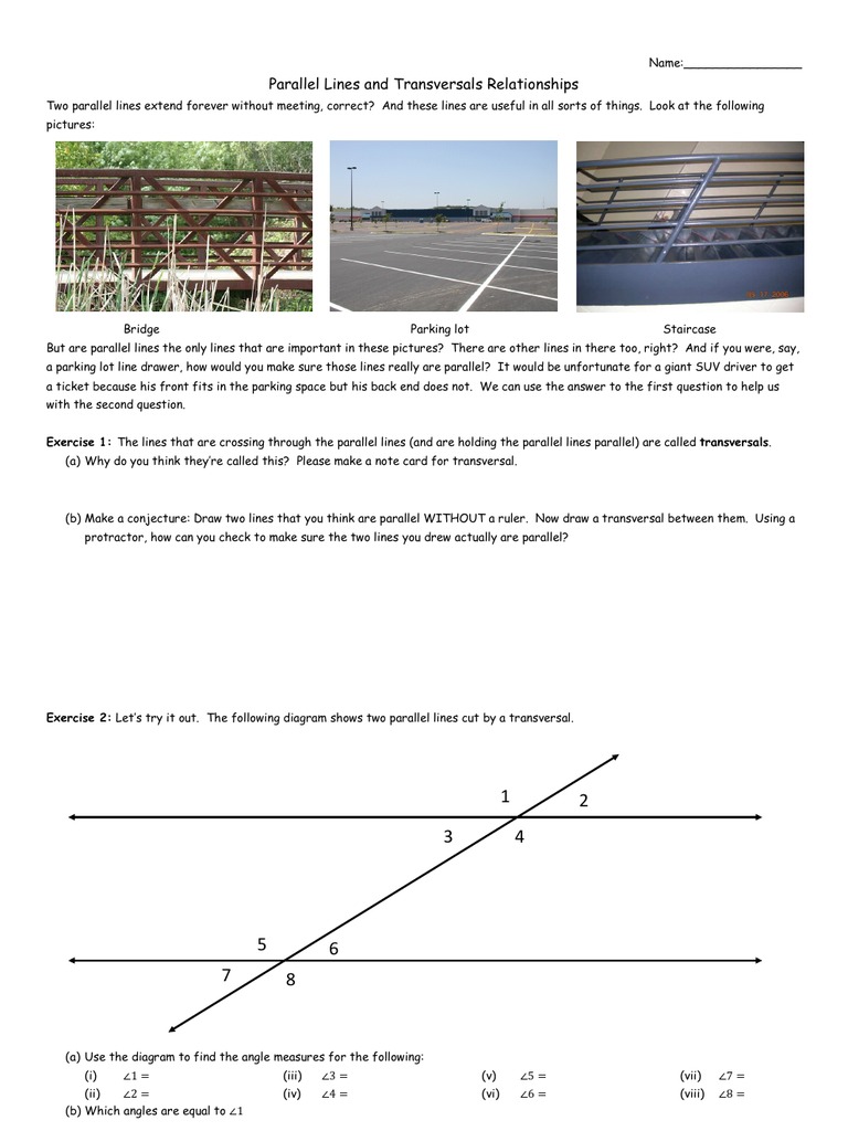 Parallel Lines and Transversals Worksheet | PDF | Teaching Methods ...