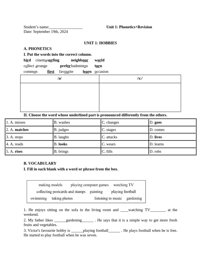 19.09 Grade 7 Class 7A4 Unit 1 Homework | PDF | Hobbies | Vegetables