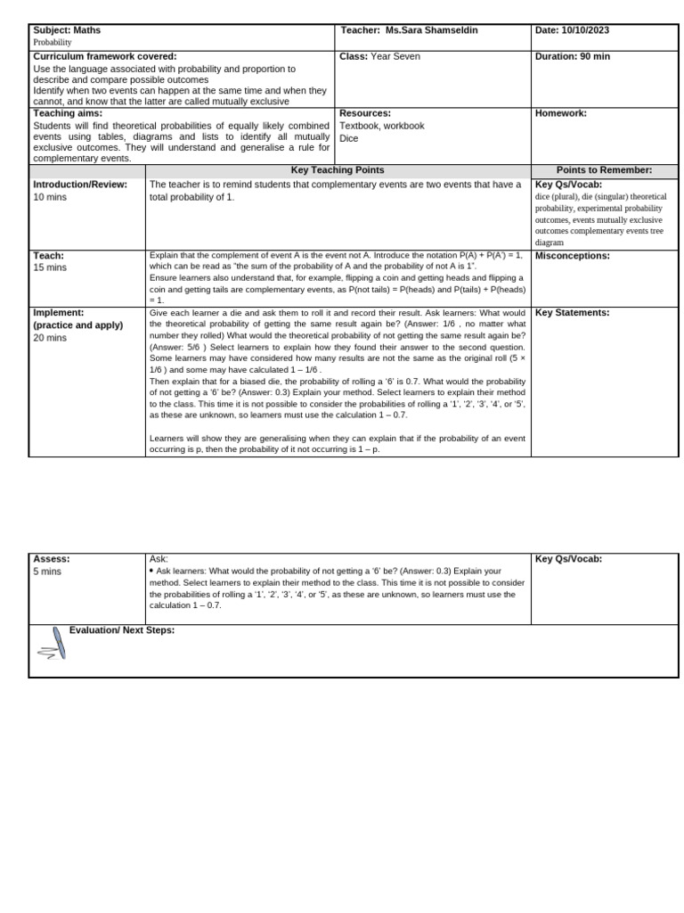 Y7 T2-Wk1 Introduction to Probability lesson plan | PDF | Probability ...