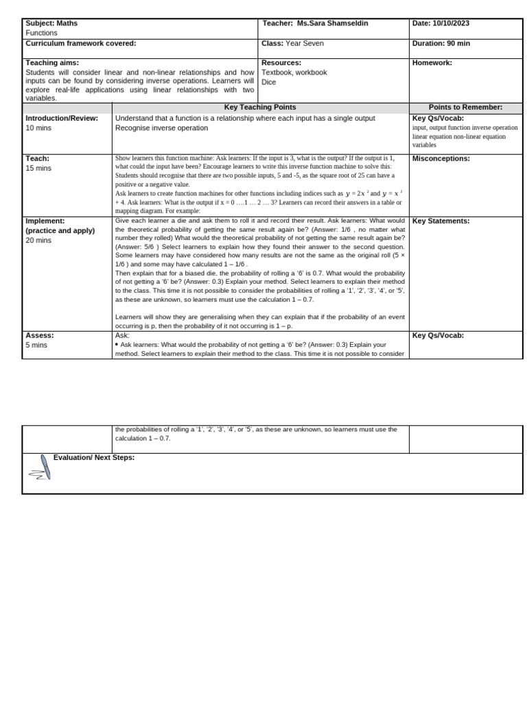 Y8 T2-Wk1-Functions Lesson Plan | PDF | Function (Mathematics ...