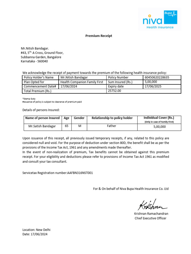 Niva Bupa Insurance Premium Receipt Father 2024 25 | PDF