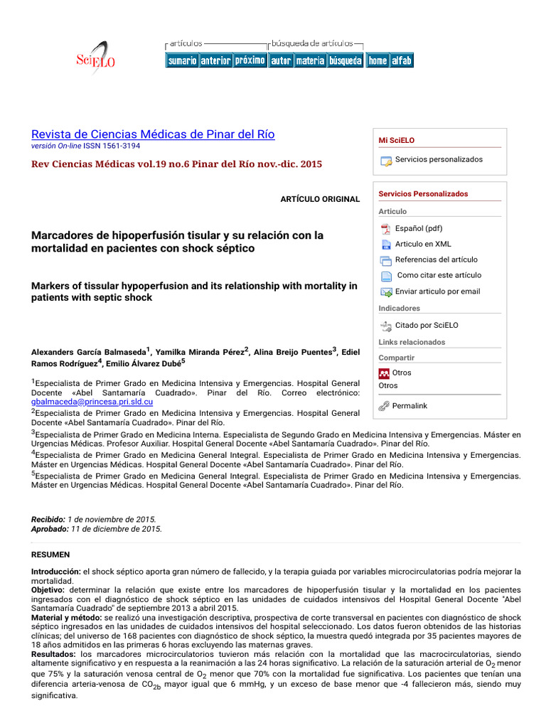 Marcadores de Hipoperfusión Tisular y Su Relación Con La Mortalidad en ...