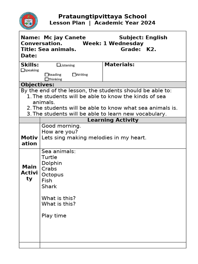K2 English Lesson Plans: Sea Animals | PDF | Lesson Plan